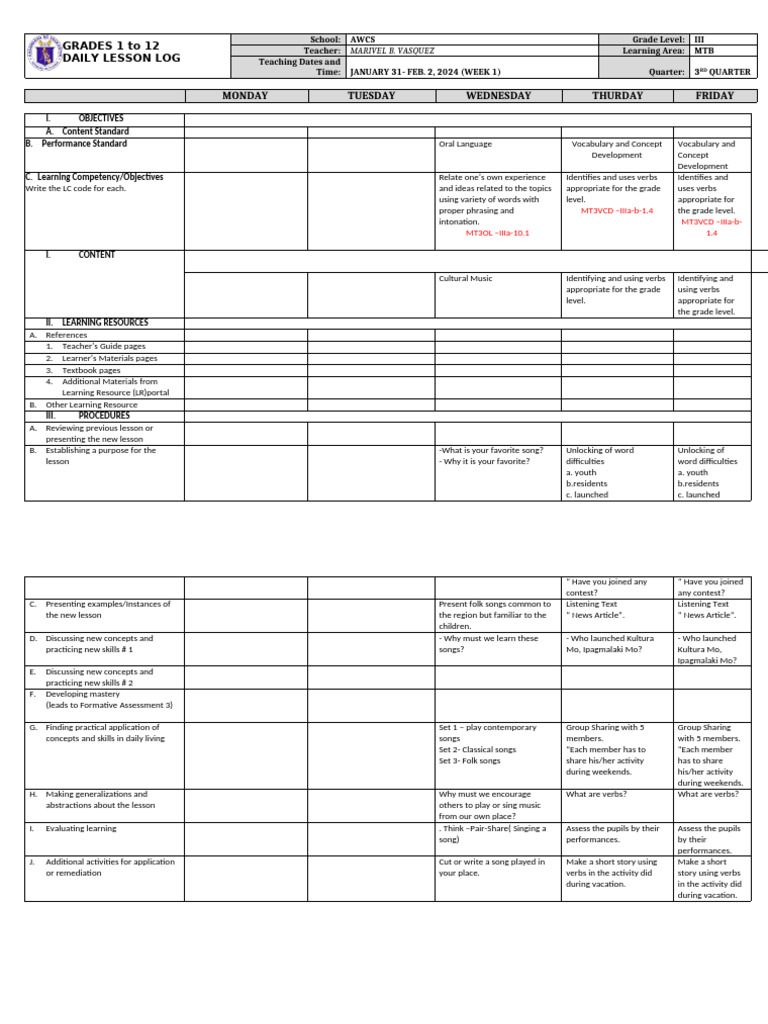 DLL - MTB 3 - Q3 - W1 | PDF
