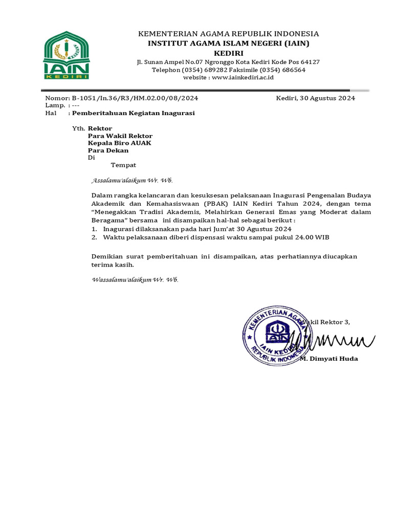 Surat Pemberitahuan Kegiatan Inagurasi Pbak 2024 | PDF