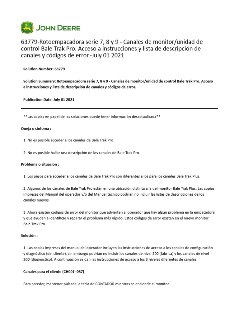 Rotoempacadora Serie 7, 8 y 9 - Canales de Monitor - Unidad de Control ...