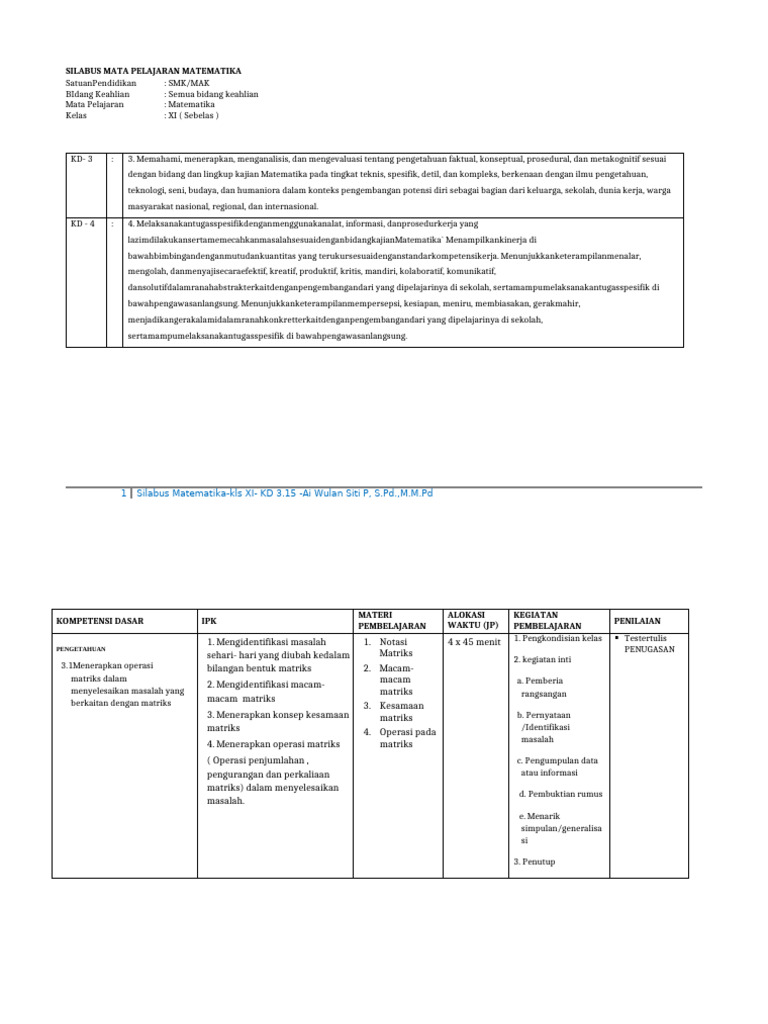 Silabus Mat Kelas Xi | PDF