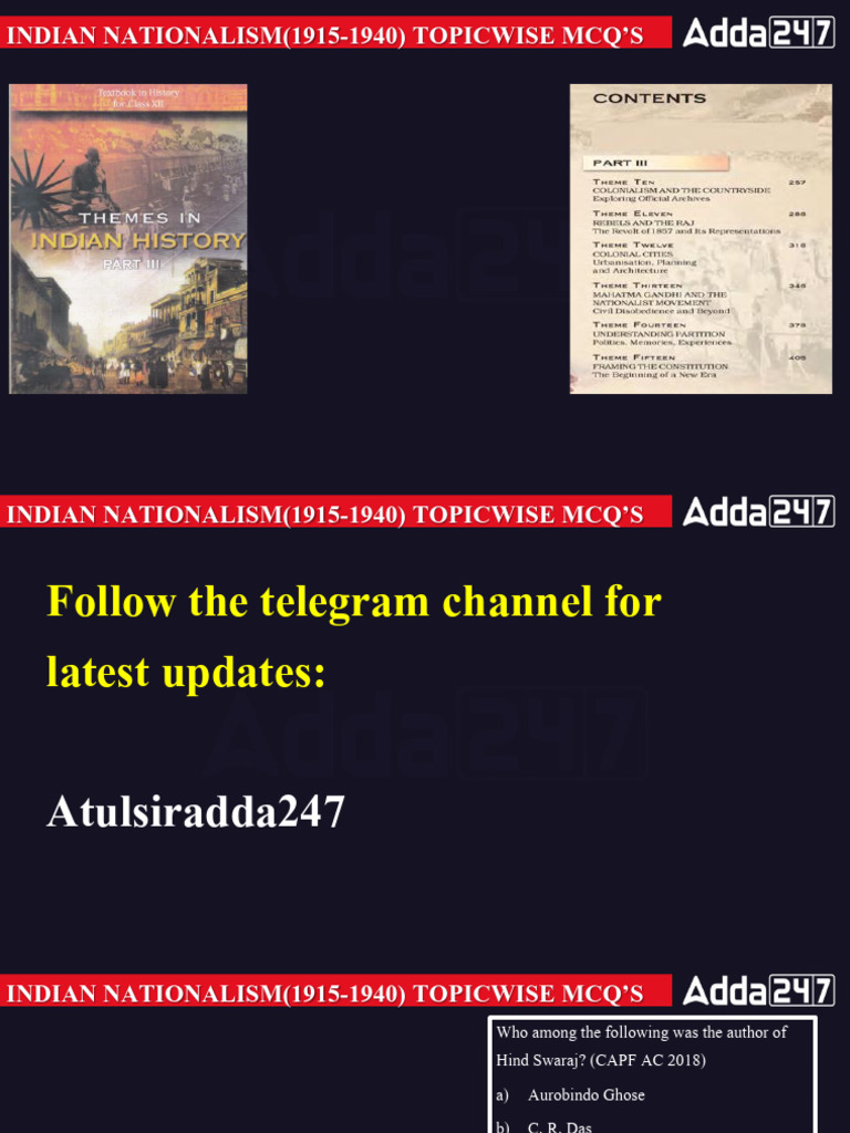 Indian Nationalism (1915-1940) Topicwise MCQ'S | PDF