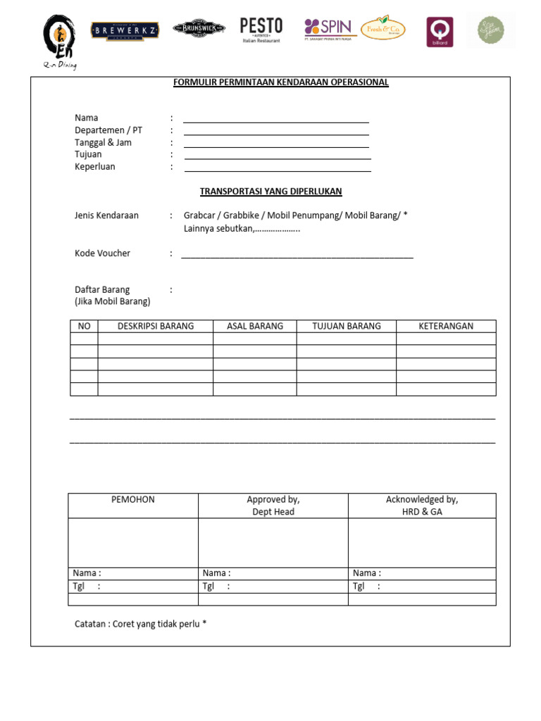 Form Permintaan Kendaraan 2022 | PDF