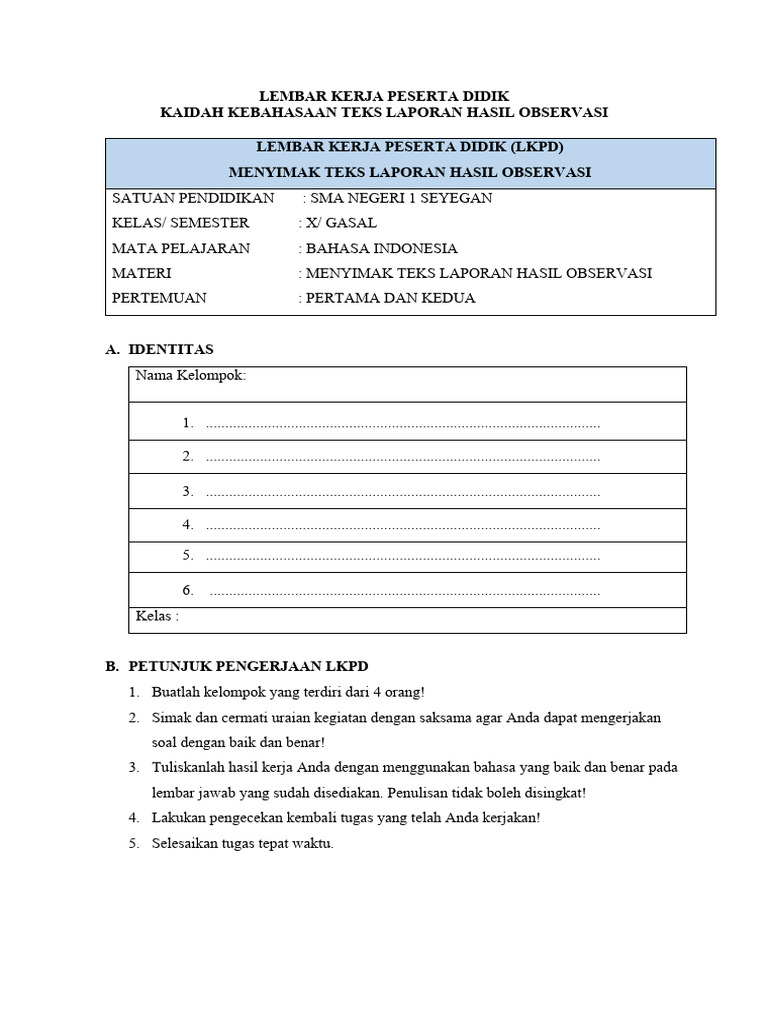 LKPD Kaidah Kebahasaan Teks LHO | PDF
