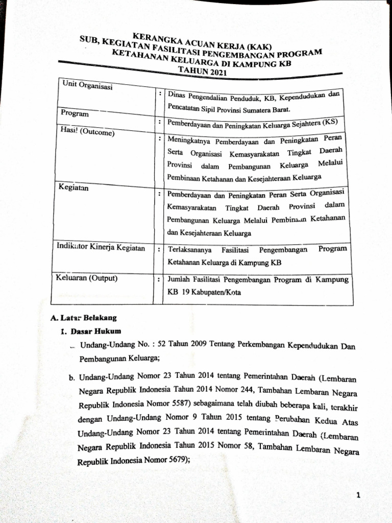 KAK Fasilitasi Pengembangan Program Ketahanan Keluarga Di Kampung KB Tahun 2021 | PDF