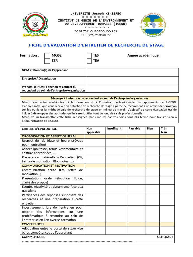 Fiche D'évaluation Entretien de Stage | PDF