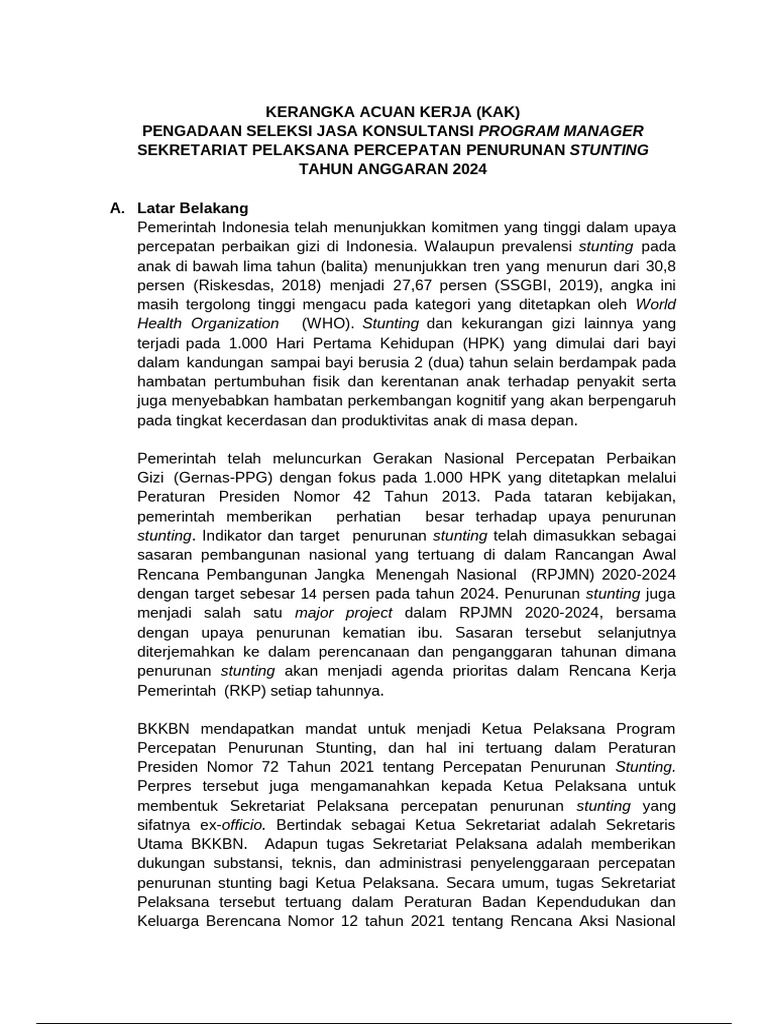 PM Kerangka Acuan Kerja Kak Pengadaan Seleksi Jasa Konsultansi Program Manager Sekretariat ...