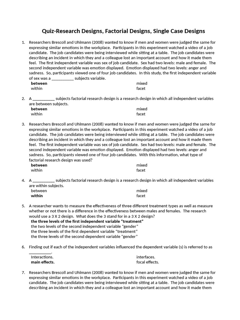 Quiz-Research Designs, Factorial Designs, Single Case Designs | PDF | Psychology | Career & Growth
