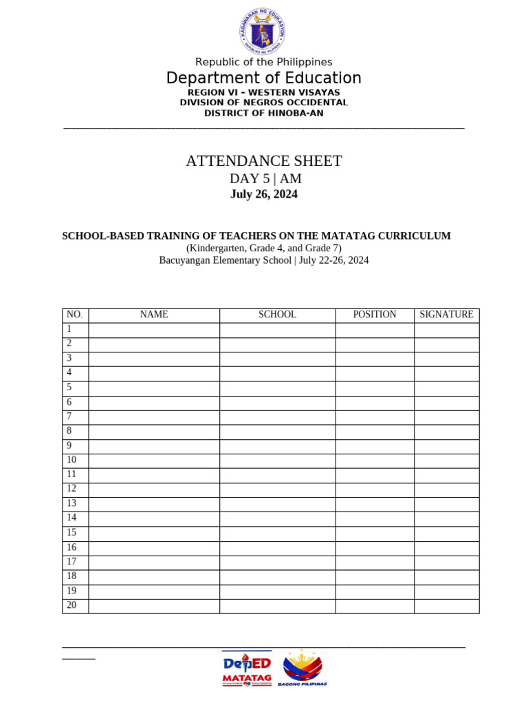 Attendance Sheet - Matatag | PDF