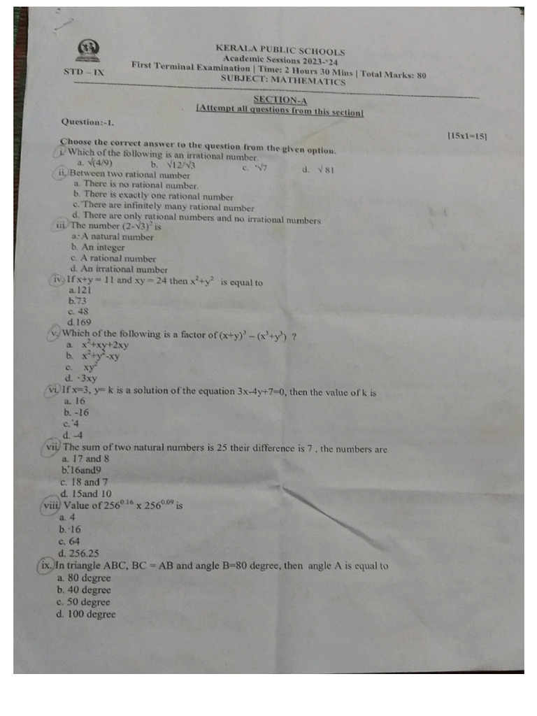 Math Qs Class 9 | PDF