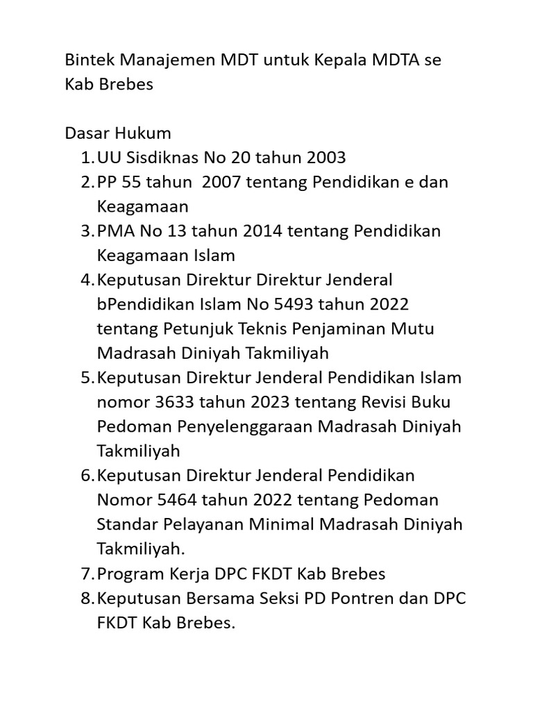 Bintek Manajemen MDT Untuk Kepala MDTA Se Kab Brebes | PDF