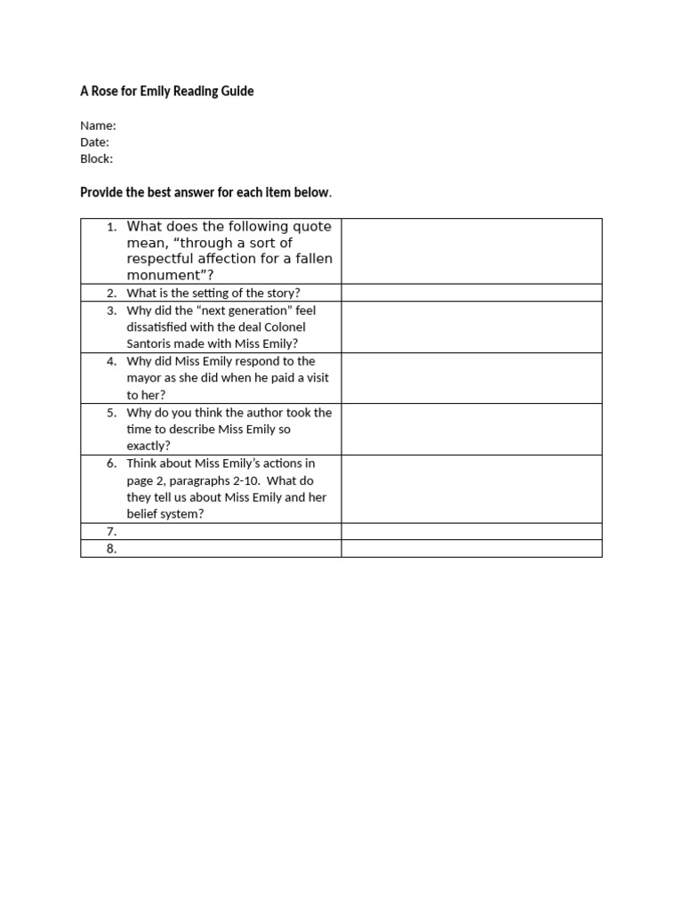 A Rose For Emily Reading Guide | PDF
