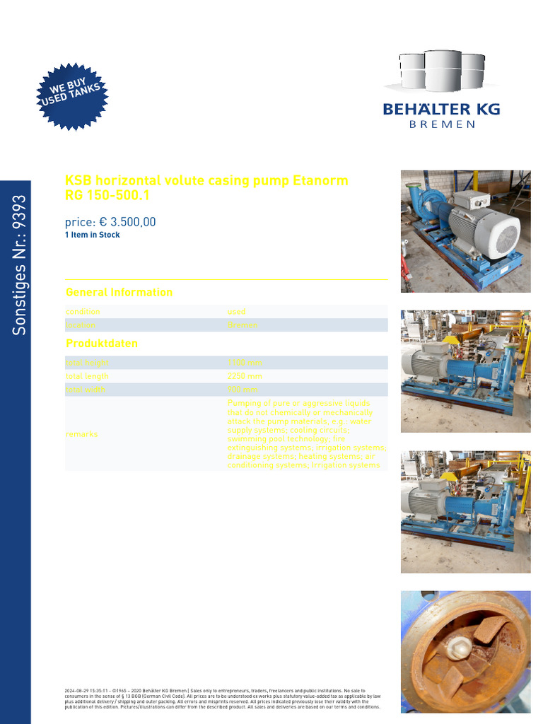 KSB Horizontal Volute Casing Pump Etanorm RG 150-500.1: Price: 3.500,00 ...