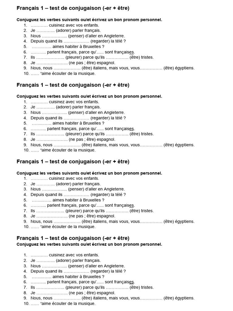 Français 1 - Test de Conjugaison (-Er + Être) | PDF