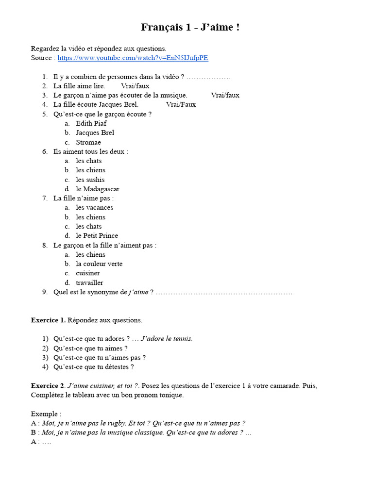 Français 1 - J'aime | PDF
