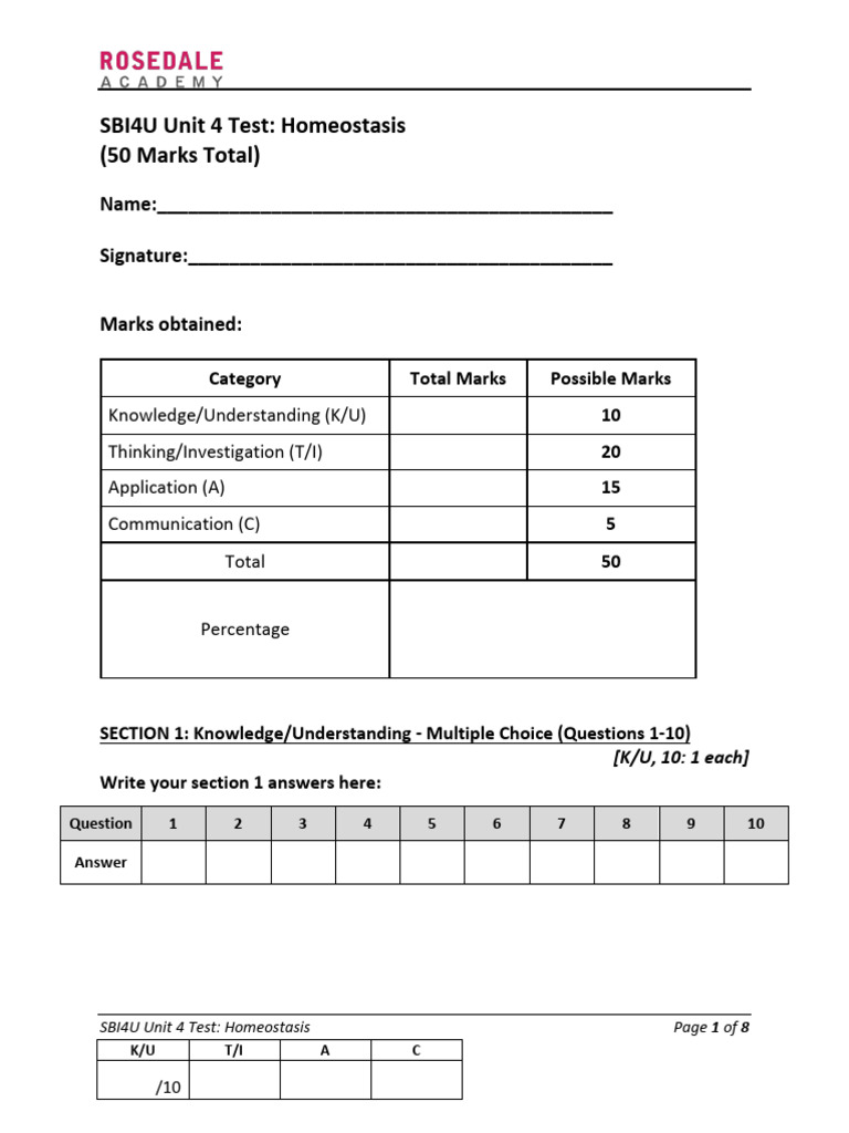 SBI4U Homeostasis Unit 4 Test | PDF | Kidney | Hormone