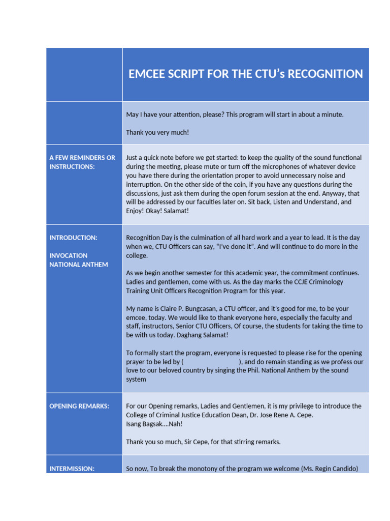 EMCEE SCRIPT FOR CTU RECOGNITION | PDF
