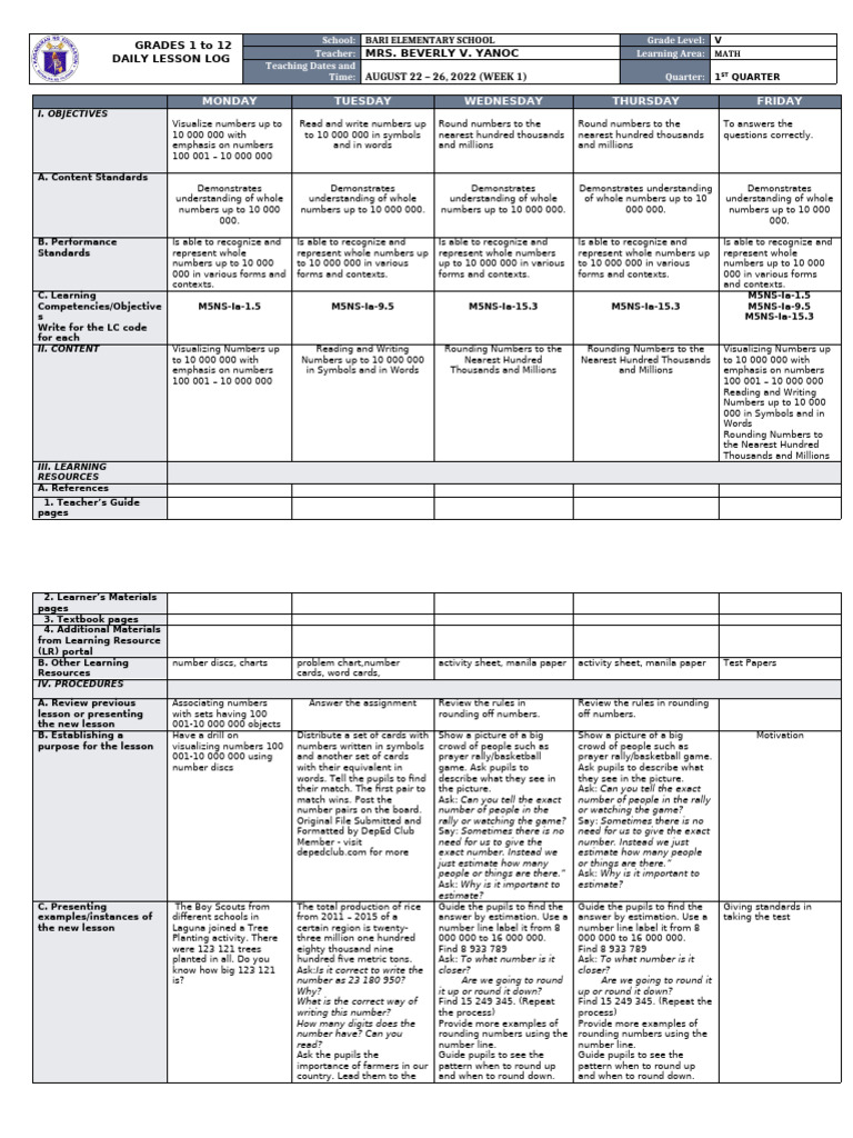 DLL - Math 5 - Q1 - W1 | PDF
