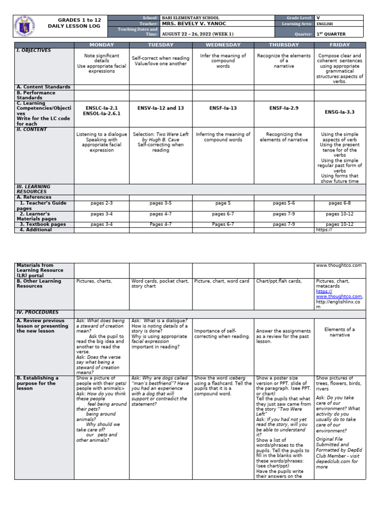 DLL - English 5 - Q1 - W1 | PDF