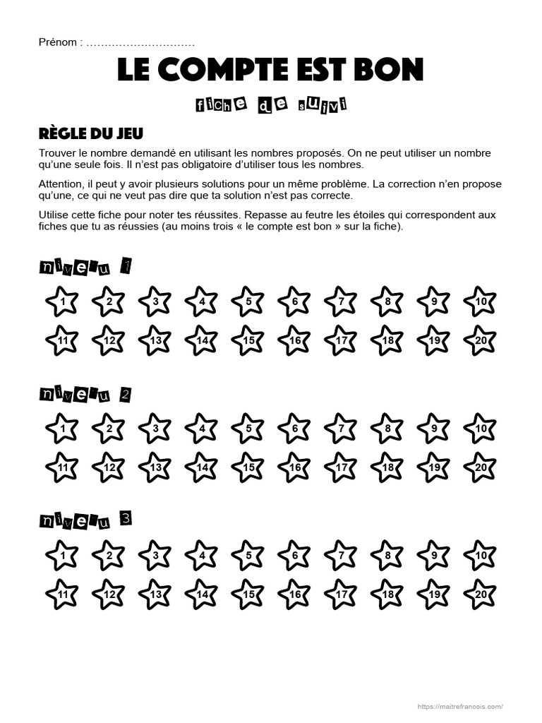Le Compte Est Bon - Fiche de Suivi Élève | PDF