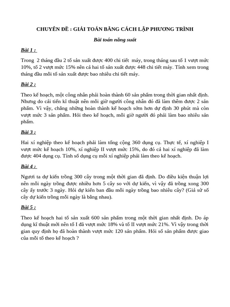 Giai Bai Toan Bang Cach Lap Phuong Trinhbai Toan Nangsuatlam Chunglam Rieng | PDF