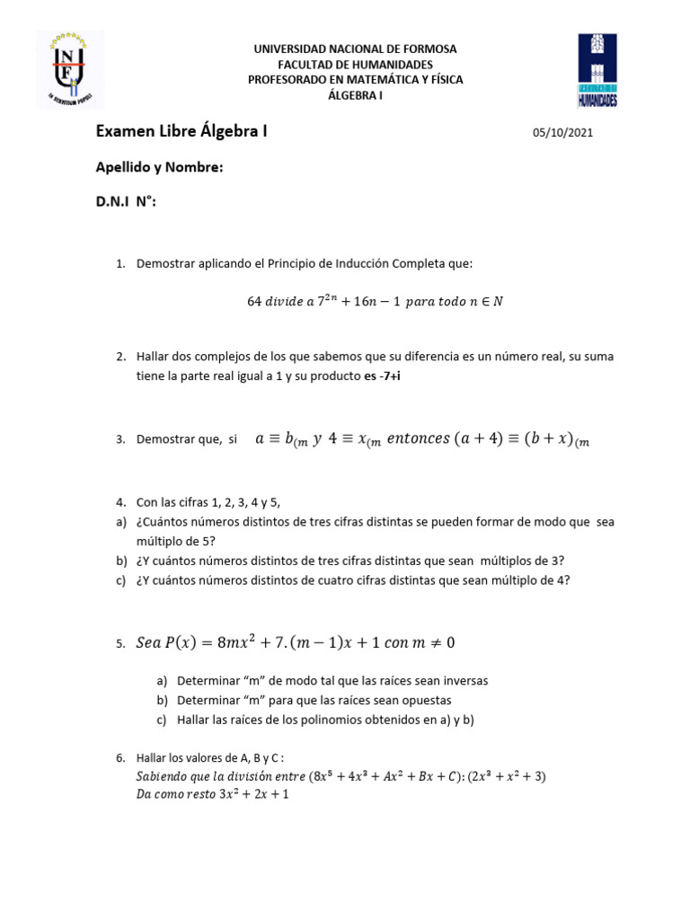 Final Algebra 1 libre OCTUBRE 2021 | PDF