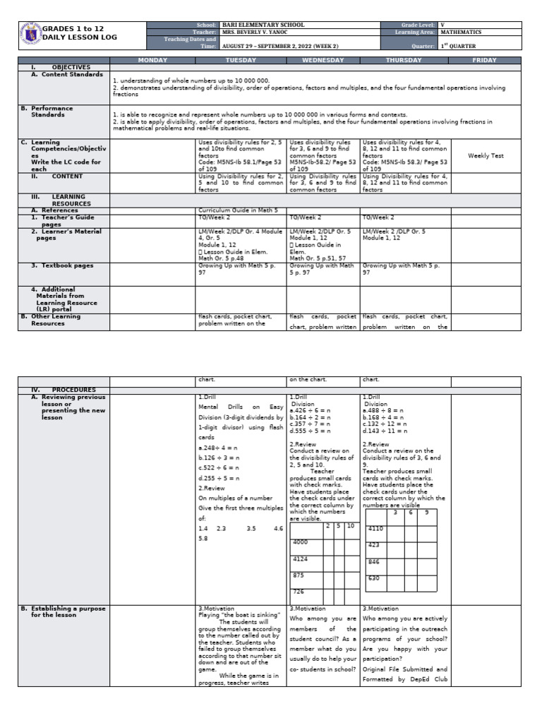 DLL - Mathematics 5 - Q1 - W2 | PDF
