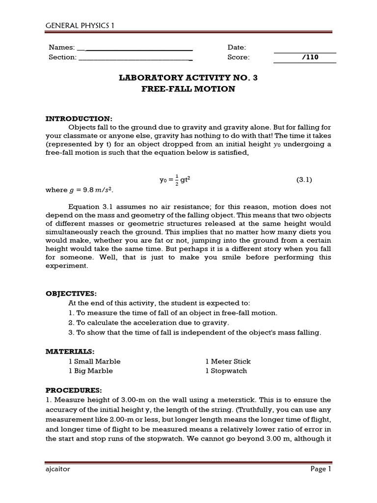 Lab Activity 3 - Free Fall Motion | PDF | Gravity | Mass