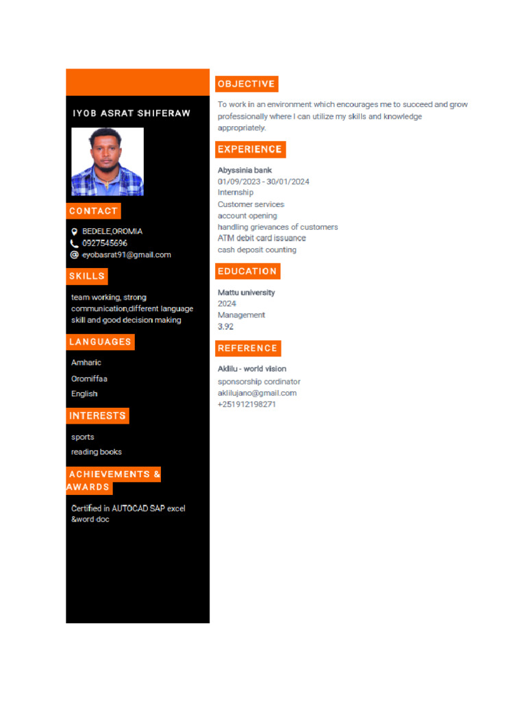 Iyob Cv&doc - Copy - Eyob Asrat | PDF
