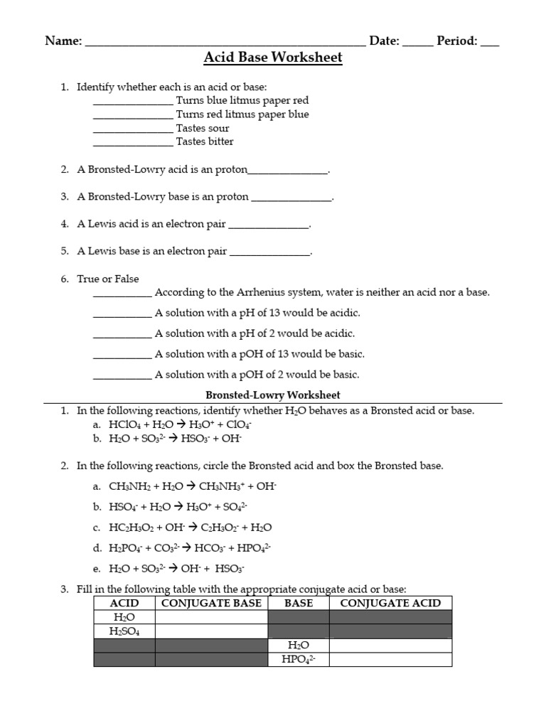 U4D3 Acid Base Worksheet | PDF
