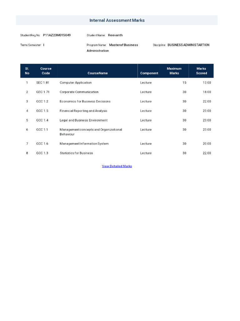Student Internal Assessment Marks | PDF