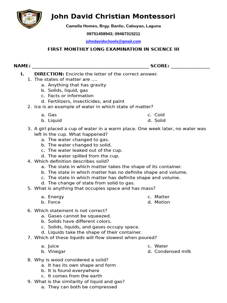 First Monthly Long Examination in Science Iii | PDF