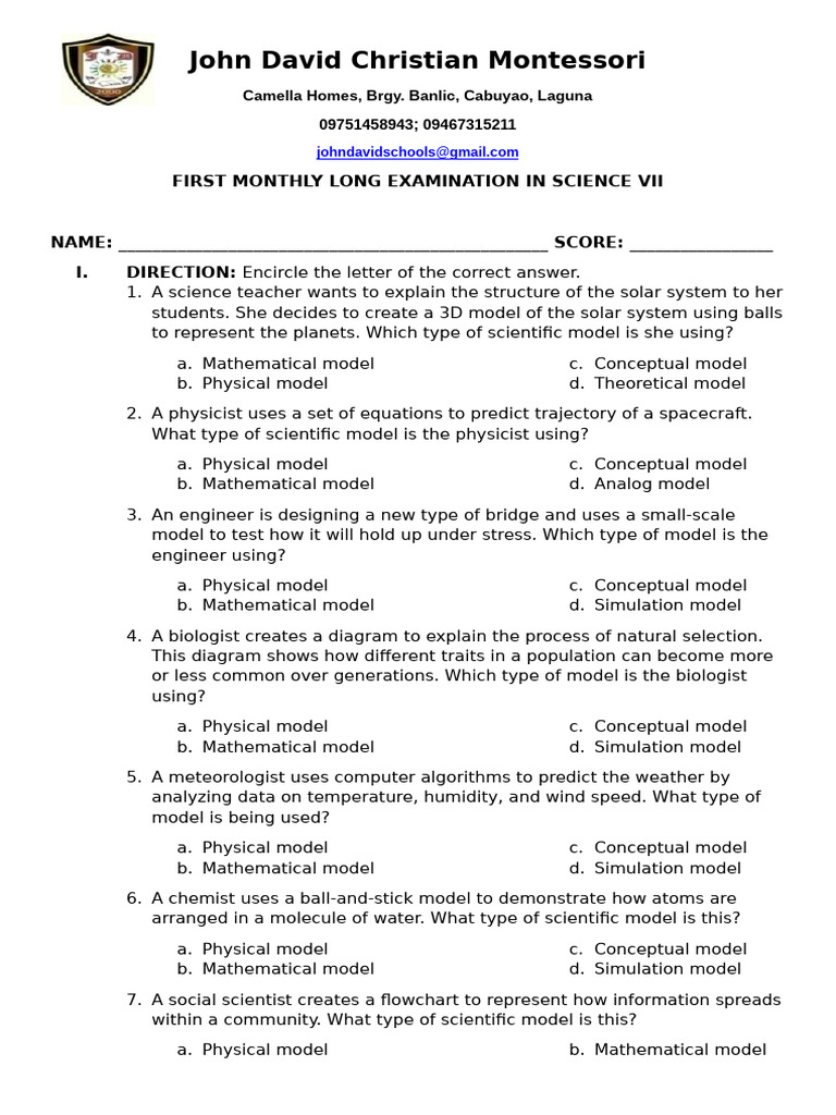 First Monthly Long Examination in Science Vii | PDF