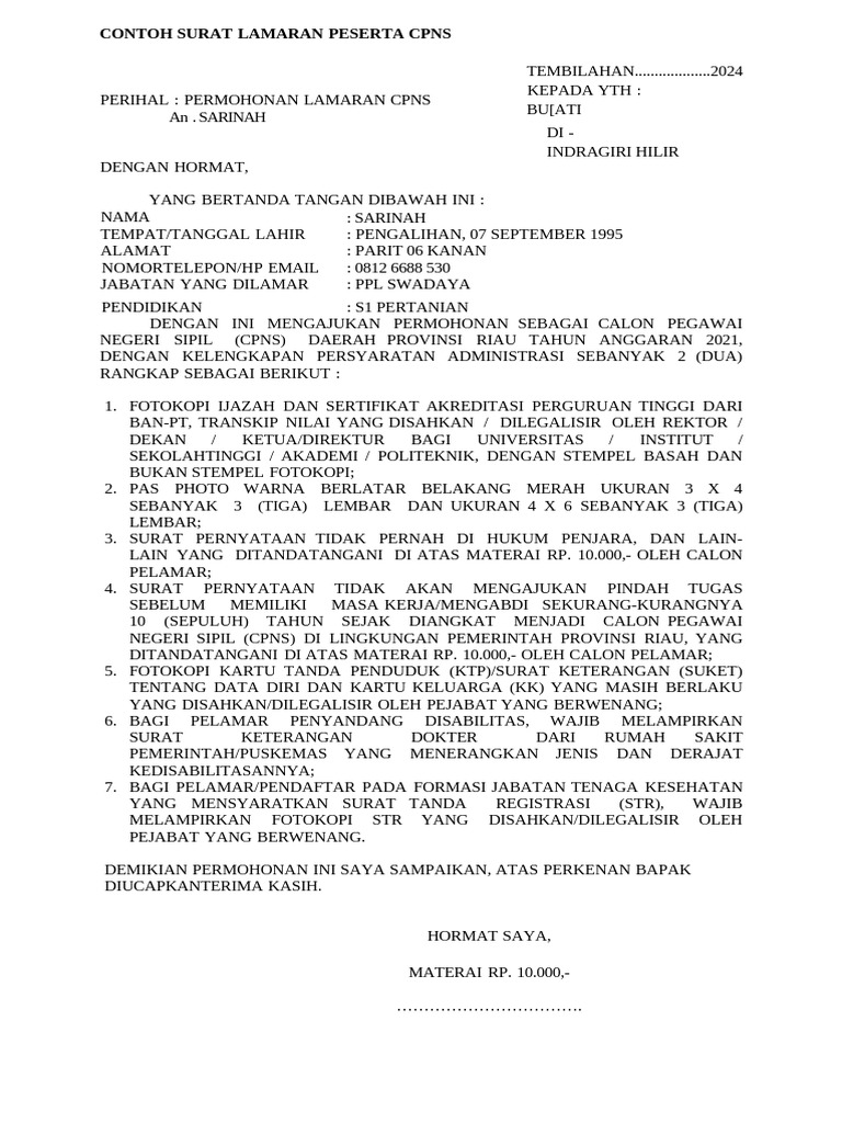CONTOH SURAT LAMARAN PESERTA CPNS | PDF