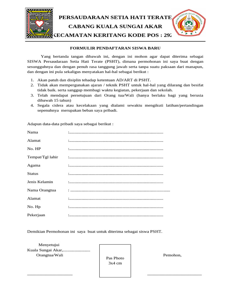 Formulir Pendaftaran PSHT Teratai | PDF