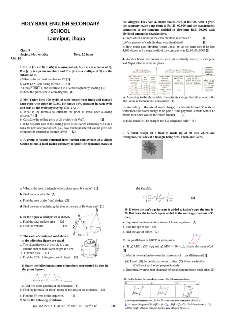 class 9 Mathematics Model Question | PDF
