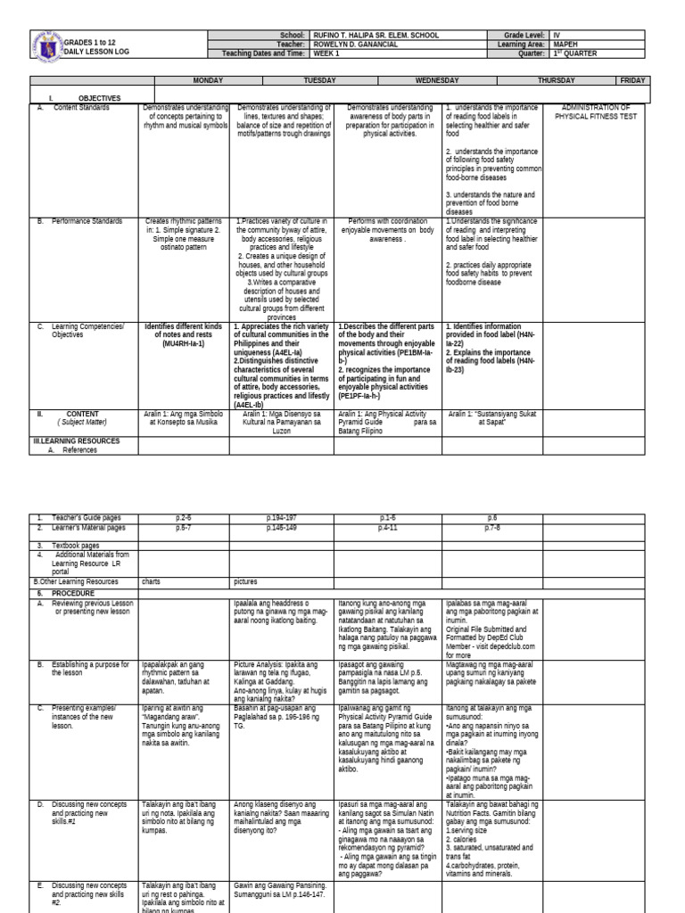 DLL Mapeh-4 Q1 W1 | PDF