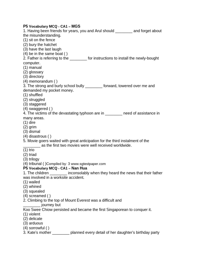 P5 Vocabulary MCQ | PDF