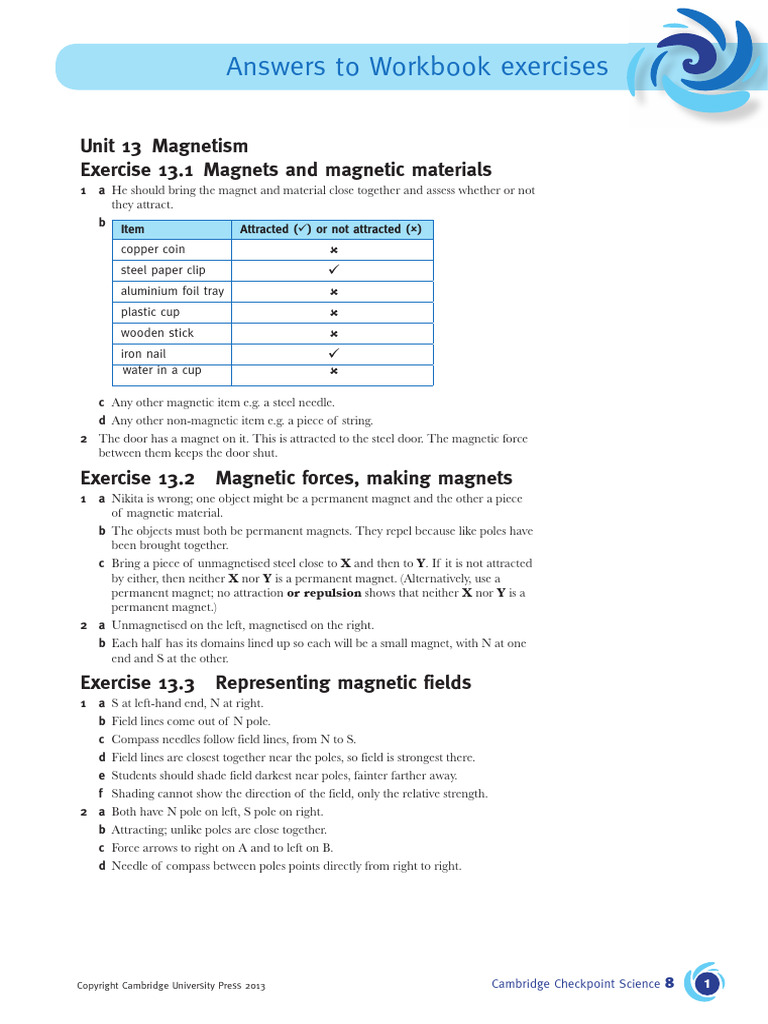 Answers To Workbook Exercises: Unit 13 Magnetism Exercise 13.1 Magnets ...