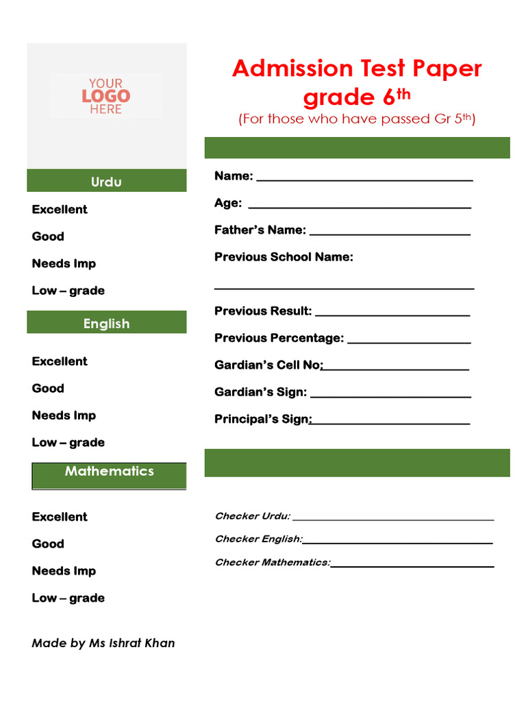 Proposed Admission Test Paper Grade 6 TH | PDF