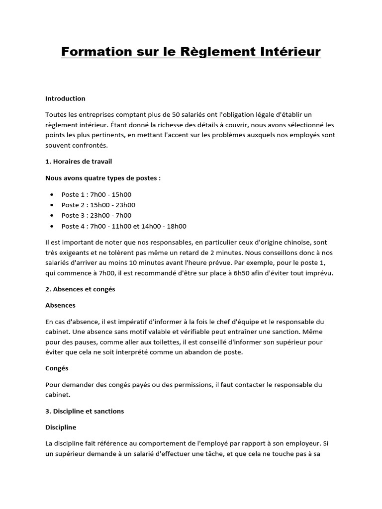 Feuille de route formation sur le reglement interieur | PDF