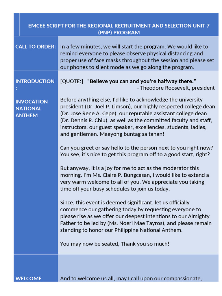 EMCEE SCRIPT FOR THE REGIONAL RECRUITMENT AND SELECTION UNIT 7 | PDF