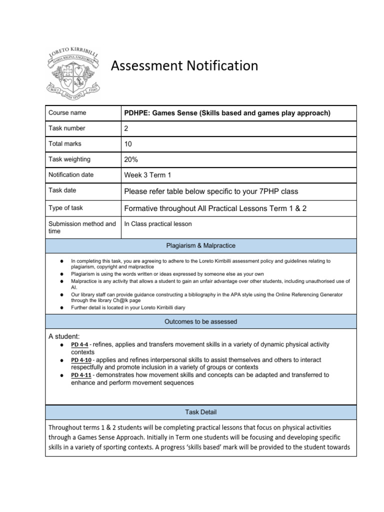 2024 TASK 2 Year 7 Practical Assessment Notification Template | PDF
