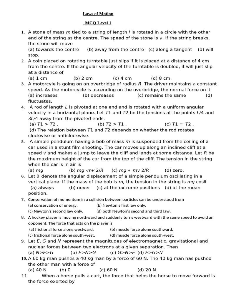 Laws of Motion-2023 MCQ Level 1 | PDF