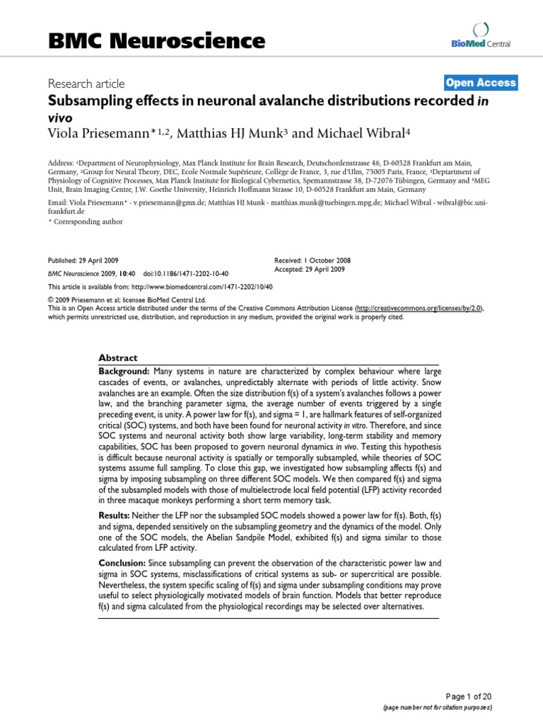 BMC Neuroscience: Subsampling Effects in Neuronal Avalanche ...