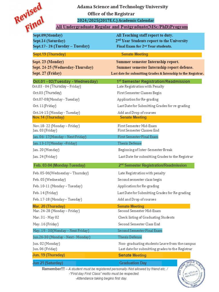 Revised Final Academic Calander 2017 E.C | PDF | Academic Term | Thesis