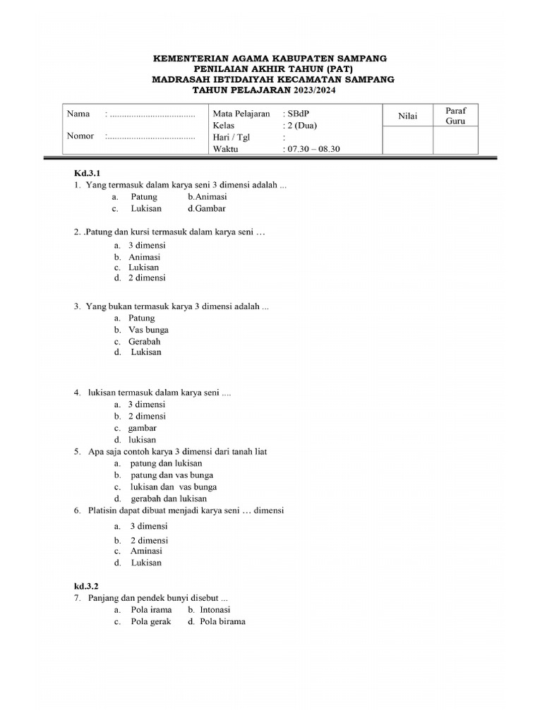 Soal PAT SBDP Kelas 2-Gambar-0 | PDF