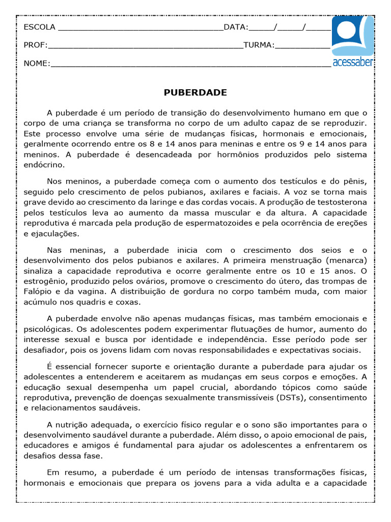 puberdade-5-e-6-ano-para-imprimir | PDF