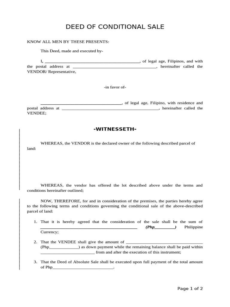 Deed of Conditional Sale - FORM | PDF | Private Law | Justice