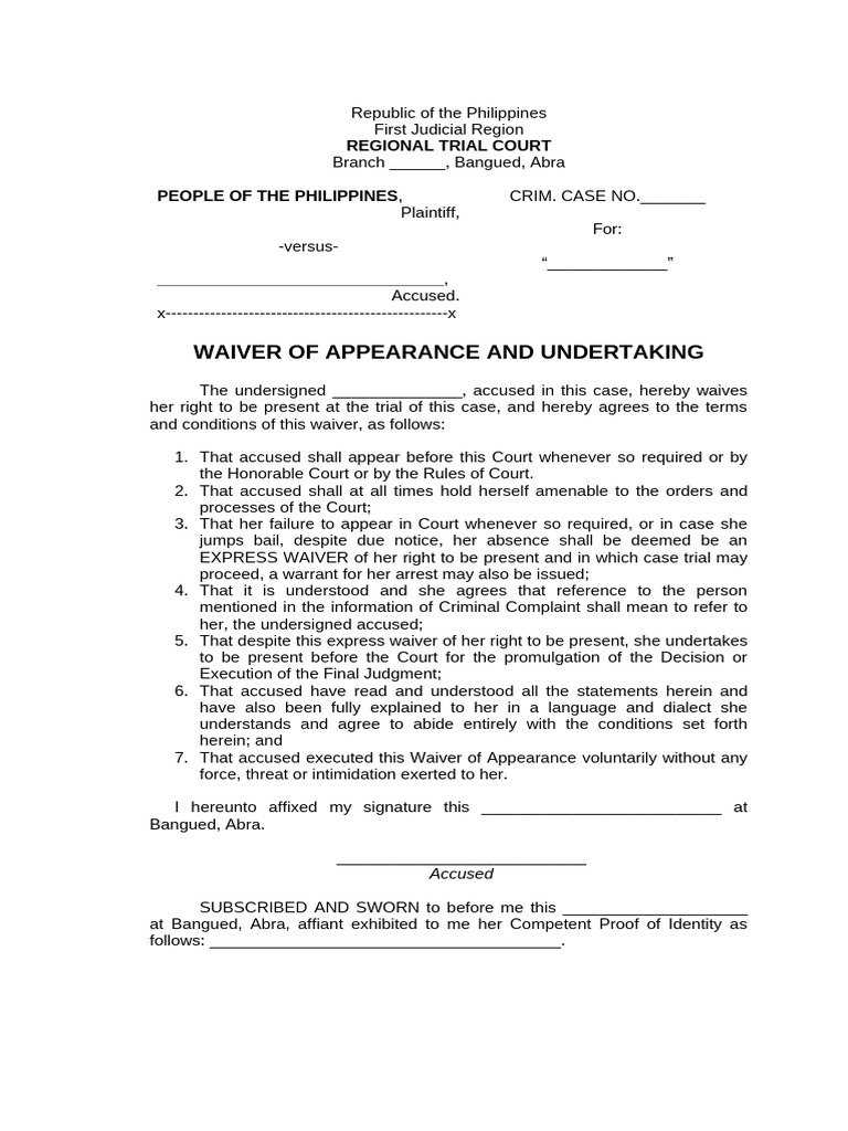 Waiver of Appearance and Undertaking Form | PDF | Separation Of Powers ...
