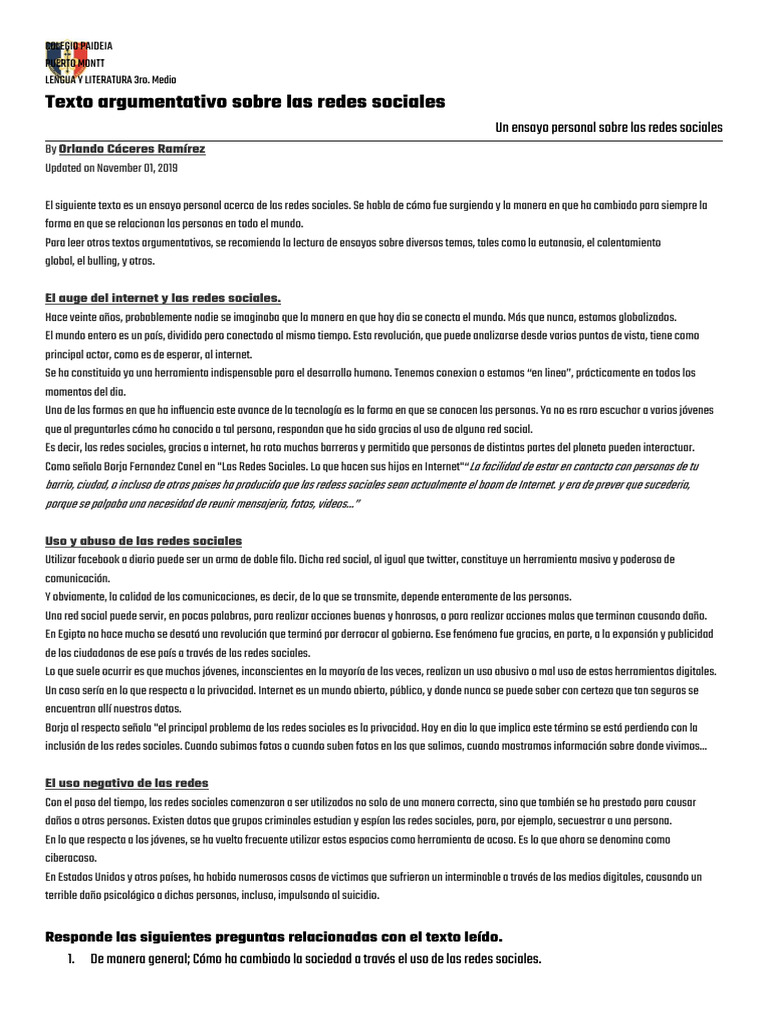 Texto Argumentativo Sobre Las Redes Sociales | PDF